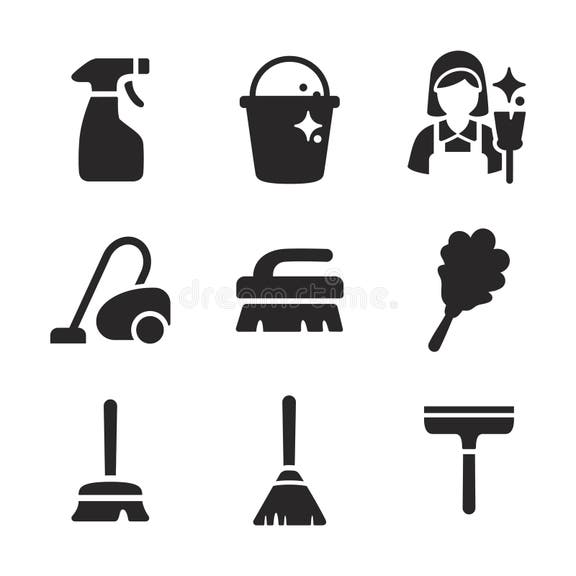 Set of Cleaning Tools and Maid Solid Icons Vector for Hygiene Purposes ...