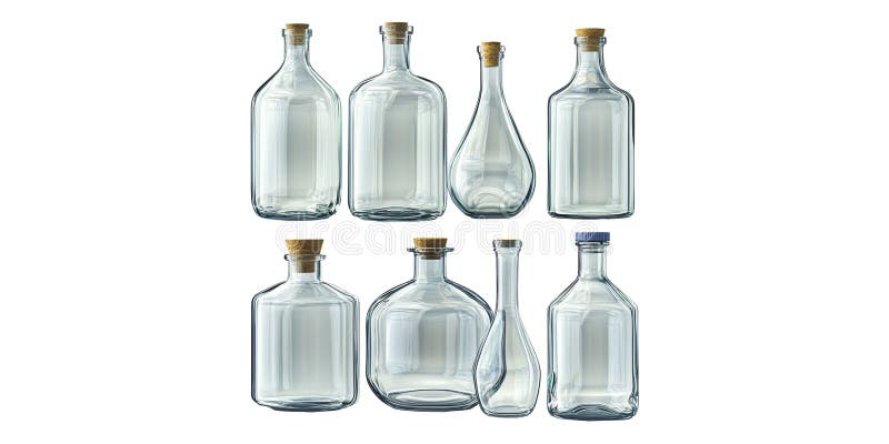 Set of Clear Glass Bottles with Cork Isolated on Transparent Background ...