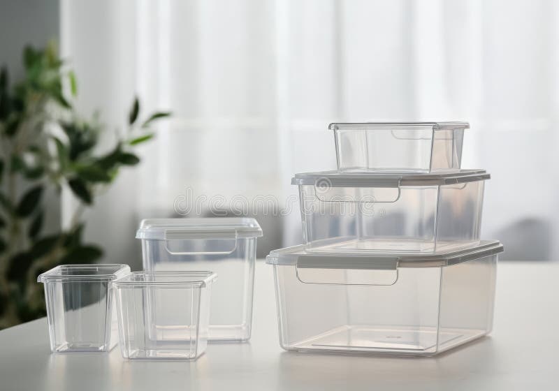 Clear Plastic Storage Containers Stacked Table Natural Light Stock ...