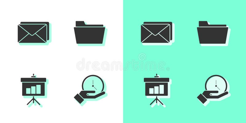 Set Clock, Envelope, Chalkboard with Diagram and Document Folder Icon ... Set Clock, Envelope, Chalkboard with Diagram and Document Folder Icon ...