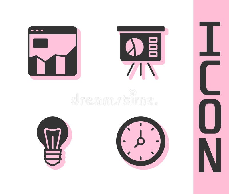 Set Clock, Graph Chart Infographic, Light Bulb and Board with Icon ...