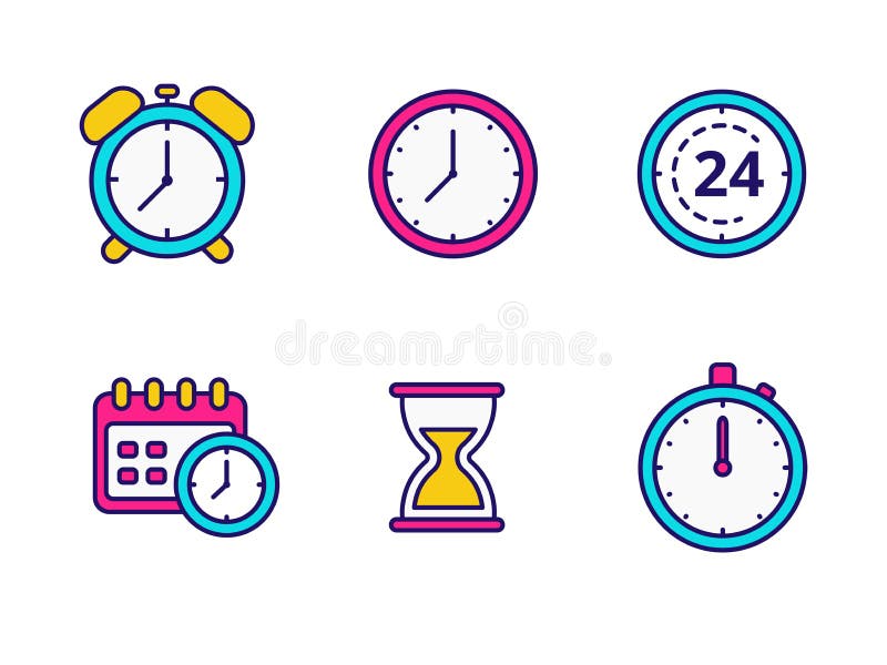 Set of Clock Icons with Colorful Designs Isolated on White Background ...