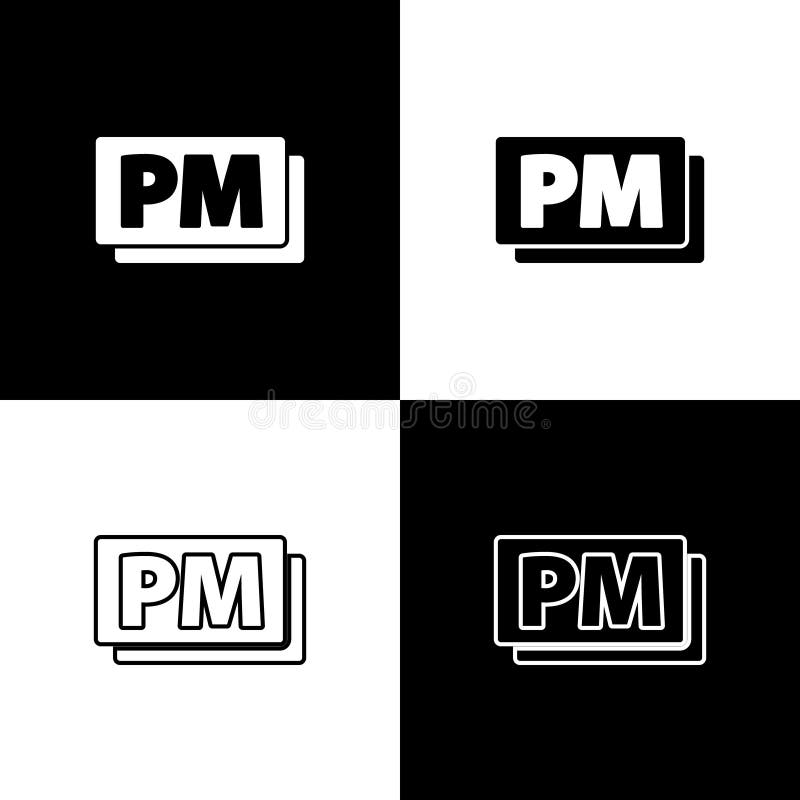 Set Clock PM Icon Isolated on Black and White Background. Time Symbol ...