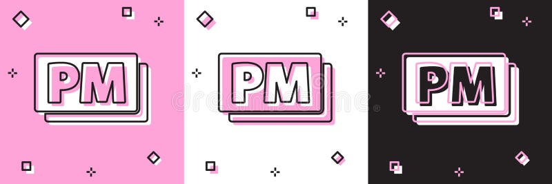 Set Clock PM Icon Isolated on Pink and White, Black Background. Time ...