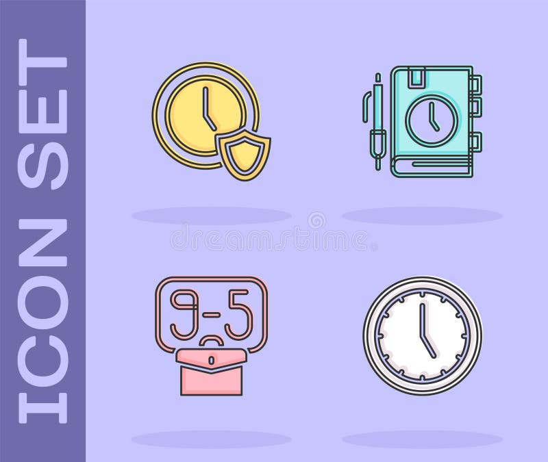 Set Clock, with Shield, from 9 and daily Paper Notepad Icon. Vector ...