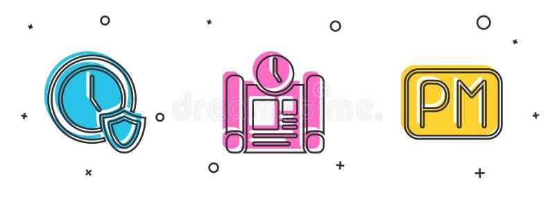 Set Clock with Shield, Project Time Plan and Day Icon. Vector Stock ...