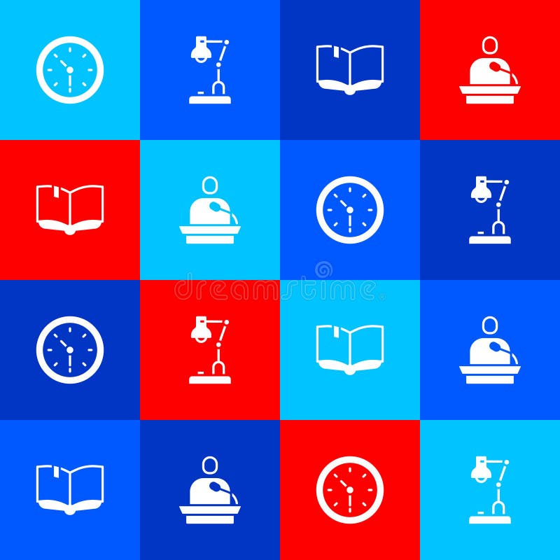 Set Clock, Table Lamp, Open Book and Gives Lecture Icon. Vector Stock ...