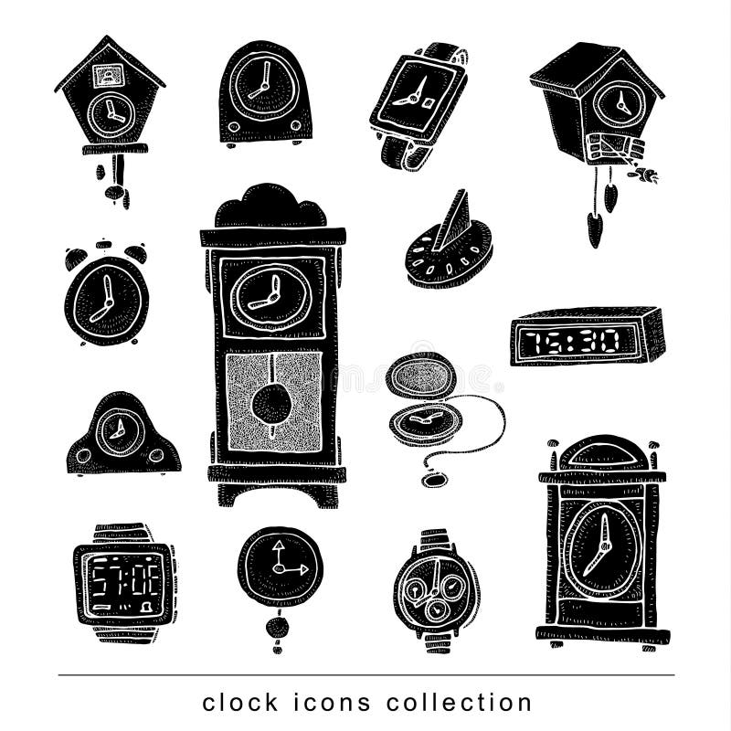 Set of Clocks and Watches, Hand Drawn Vector Illustration Stock Vector ...