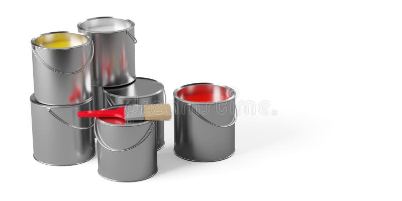 Set of Closed and Open Paint Cans with Paint Brush Over White ...
