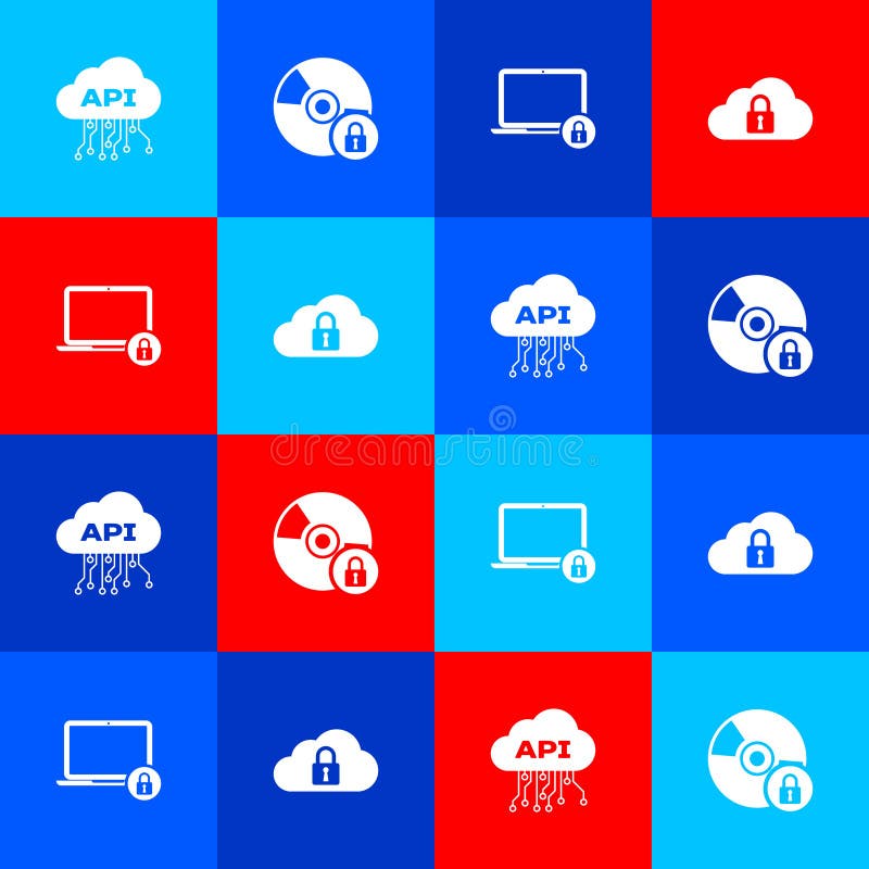 Set Cloud Api Interface, CD or DVD Disk with Lock, Laptop and and Computing Icon. Vector Stock ...