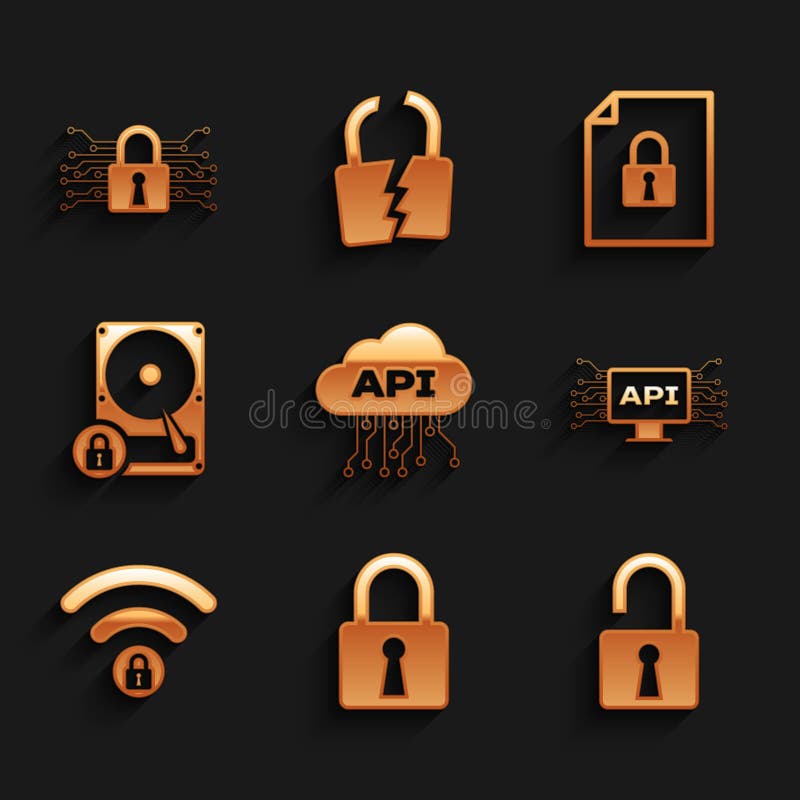 Set Cloud Api Interface Lock Open Padlock Computer Wifi Locked And Hard Disk Drive And Icon