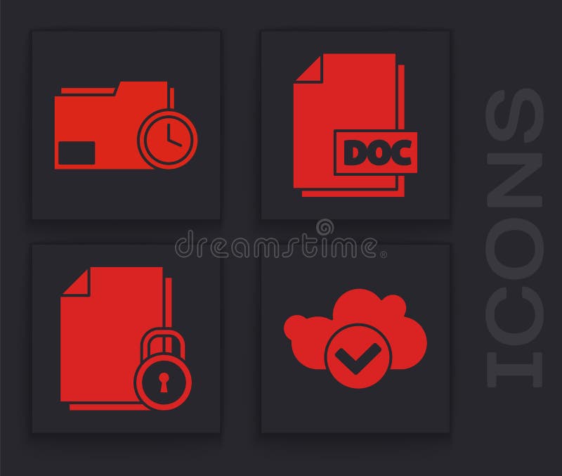 Set Cloud with Check Mark, Document Folder with Clock, DOC File ... Set Cloud with Check Mark, Document Folder with Clock, DOC File ...