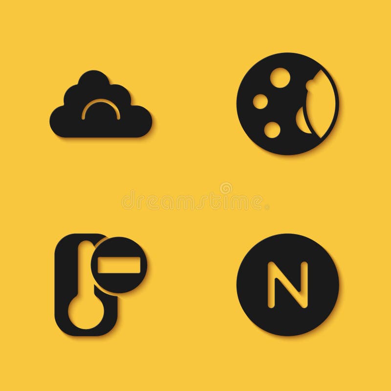 Set Cloud, Compass North, Thermometer and Moon Phases Icon with Long ...