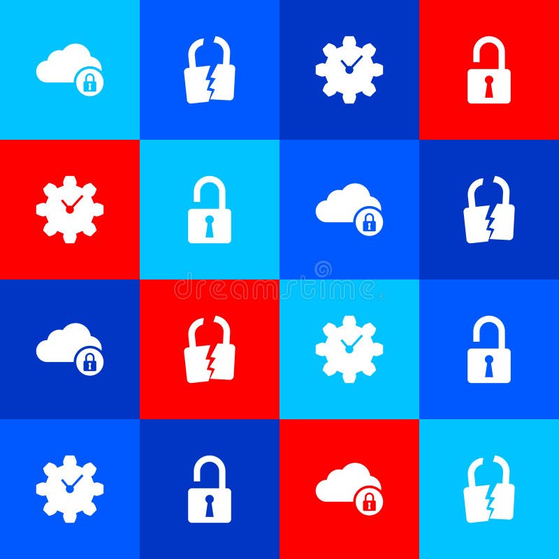 Set Cloud Computing Lock, Broken or Cracked, Time Management and Open Padlock Icon. Vector Stock ...