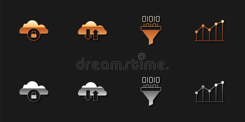 Set Cloud Computing Lock Download And Upload Binary Code And Pie Chart Infographic Icon