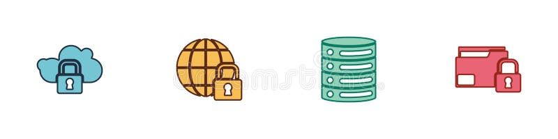 Set Cloud Computing Lock Global Lockdown Server Data Web Hosting And Folder And Icon Vector
