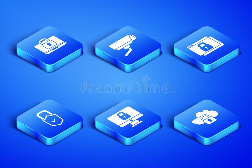 Set Cloud Computing Lock, Laptop and, Lock on Computer Monitor, Check Mark, Security Camera and ...