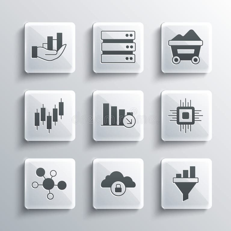 Set Cloud Computing Lock, Sales Funnel with Chart, Processor CPU, Financial Growth Decrease ...