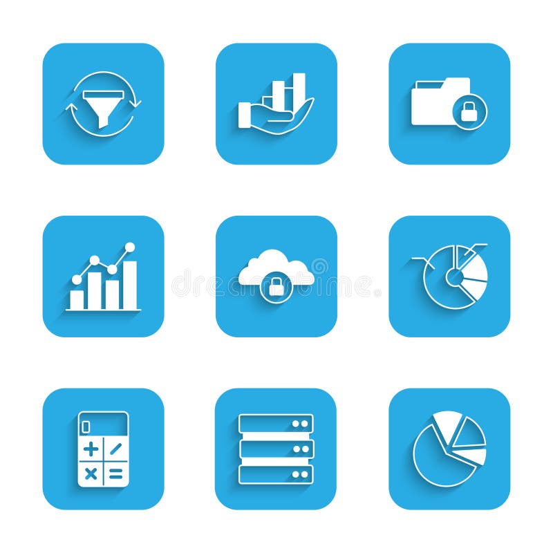 Set Cloud Computing Lock, Server, Pie Chart Infographic, Calculator, Folder and and Sales Funnel ...