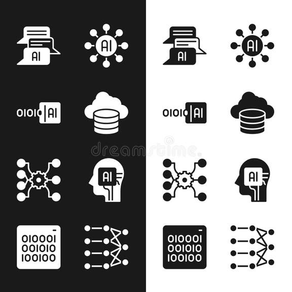 Set Cloud Database, Binary Code, Chat Bot, Neural Network, Humanoid Robot, and Icon. Vector ...