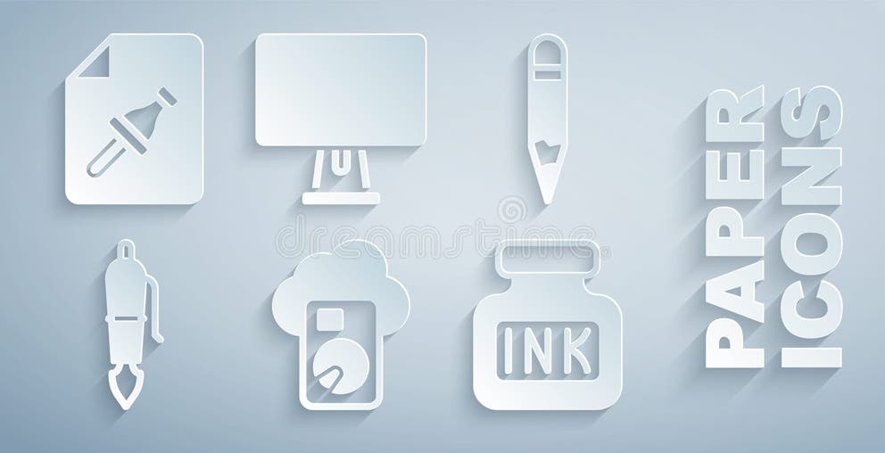 Set Cloud Database, Pencil, Fountain Pen Nib, Inkwell, Computer Monitor and Note Paper with Push ...