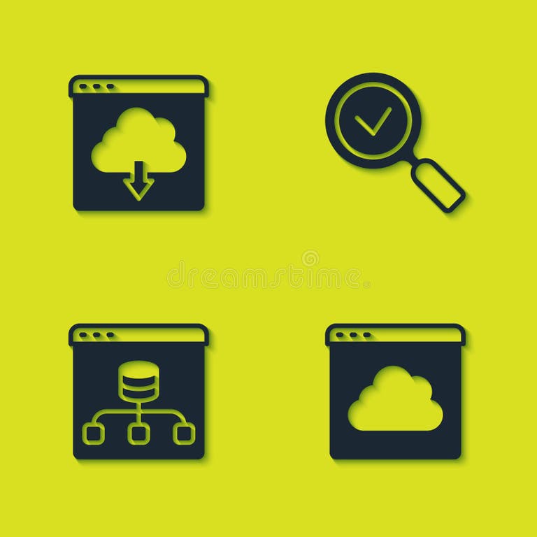 Set Cloud Download, Technology Data Transfer, Server, Data and Magnifying Glass with Check Mark ...