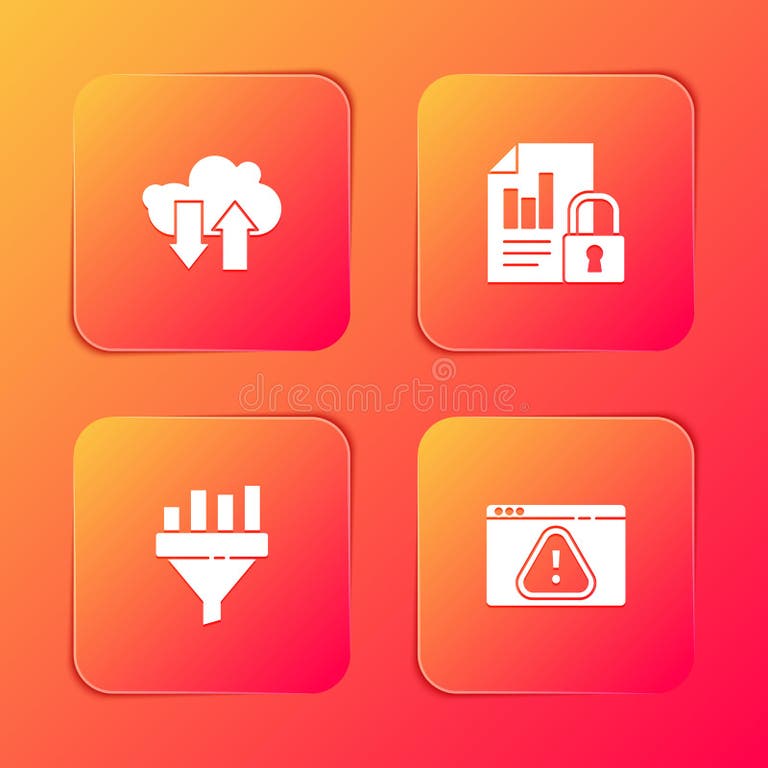 Set Cloud Download and Upload, Document Lock, Sales Funnel with Chart and Browser Exclamation ...