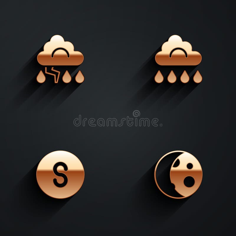 Set Cloud and Lightning, with Rain, Compass South and Moon Phases Icon ...