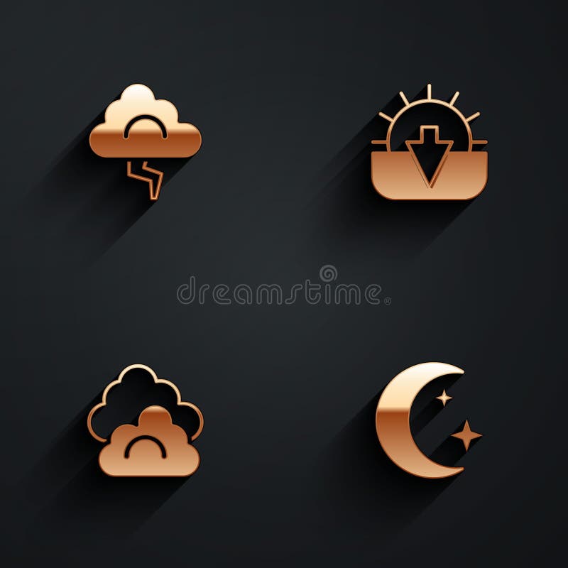 Set Cloud and Lightning, Sunset, and Moon Stars Icon with Long Shadow ...