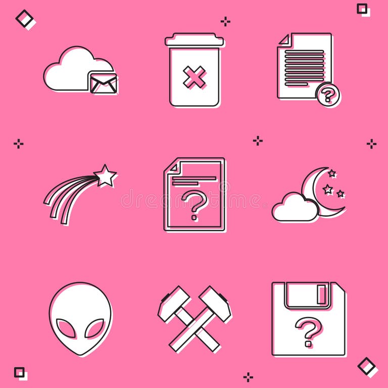 Set Cloud Mail Server, Trash Can, Unknown Document, Falling Star, and with Moon and Stars Icon ...