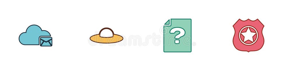 Set Cloud Mail Server, UFO Flying Spaceship, Unknown Document and Police Badge Icon. Vector ...
