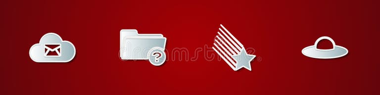 Set Cloud Mail Server, Unknown Directory, Falling Star and UFO Flying Spaceship Icon. Vector ...