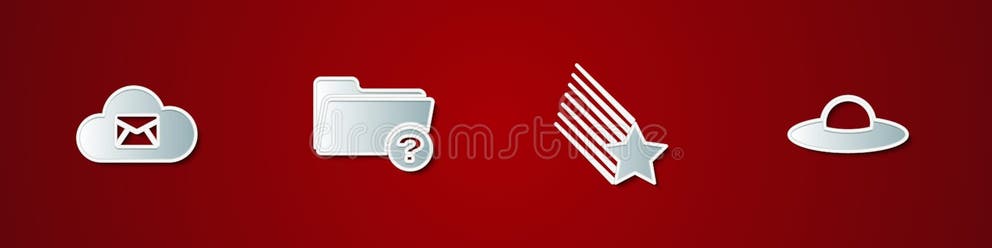 Set Cloud Mail Server, Unknown Directory, Falling Star and UFO Flying Spaceship Icon. Vector ...