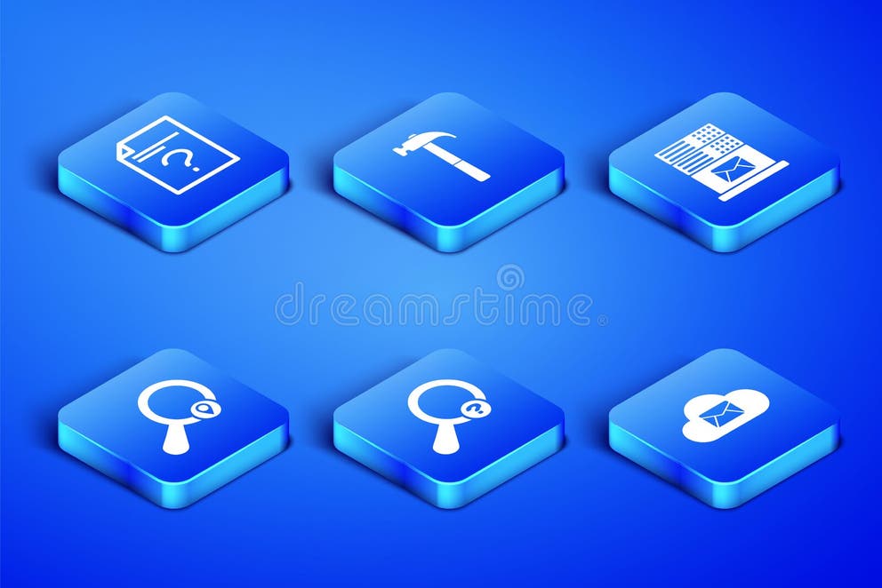 Set Cloud Mail Server, Unknown Document, Search, Search Location, Hammer and Mail Icon. Vector ...