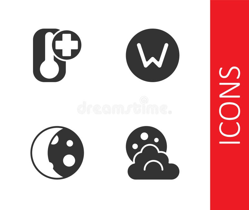 Set Cloud with Moon, Thermometer, Moon Phases and Compass North Icon ...