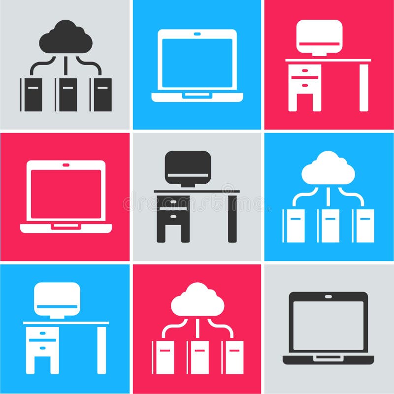 Set Cloud or Online Library, Laptop and Computer Monitor and Desk Icon ...