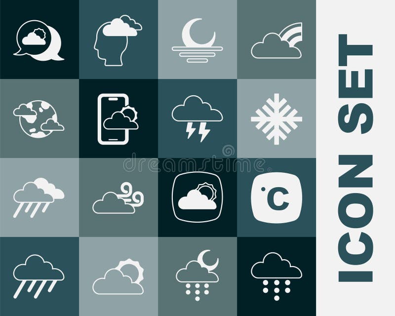 Set Cloud with Rain, Celsius, Snowflake, Sunset, Weather Forecast ...