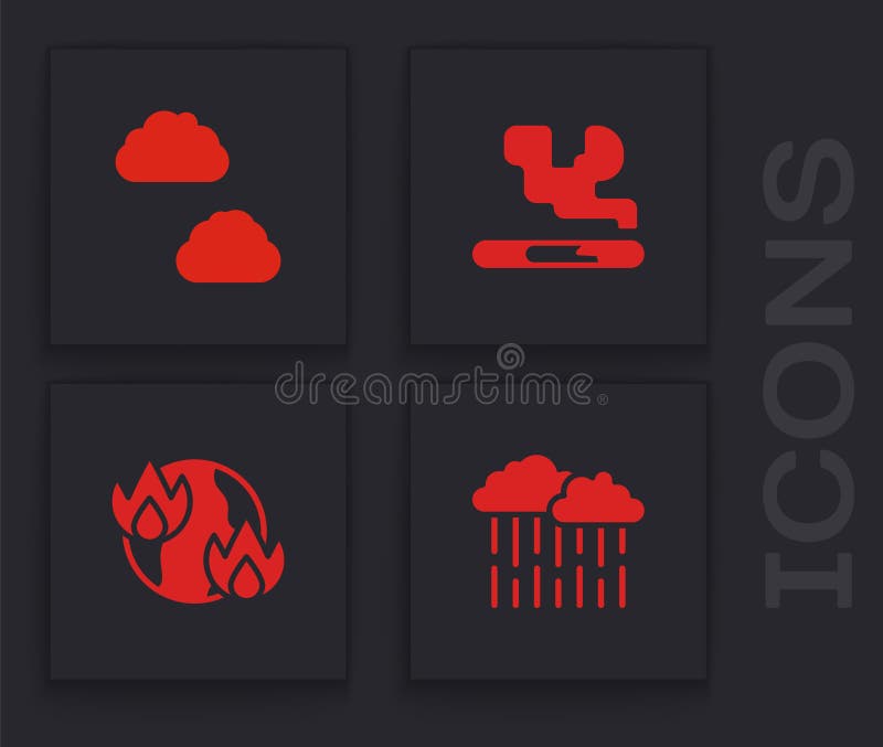 Set Cloud with Rain, , Cigarette and Global Warming Fire Icon. Vector ...