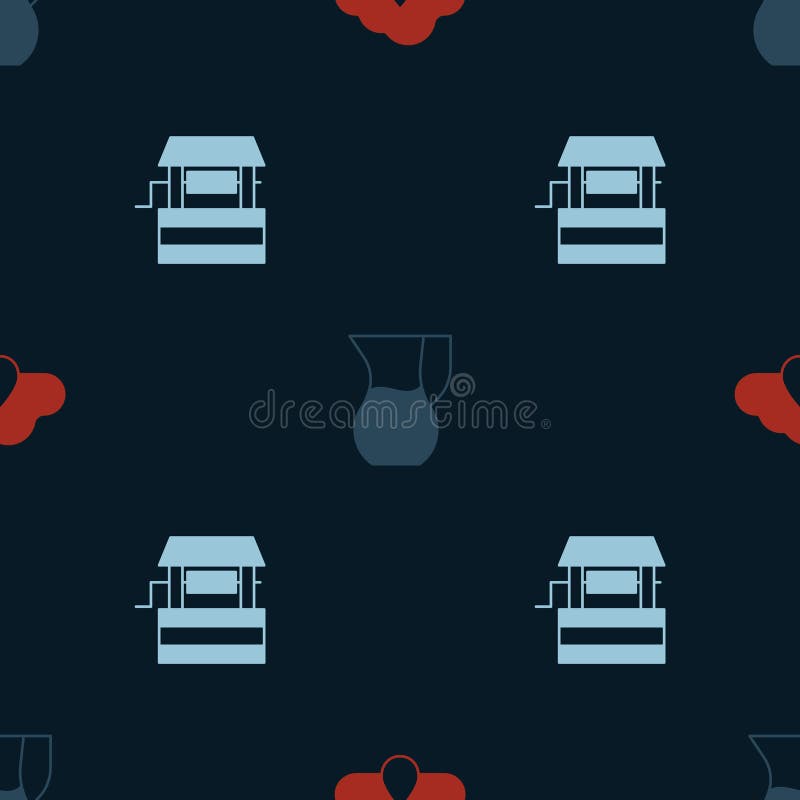Set Cloud with Rain, Jug Glass Water and Well on Seamless Pattern ...