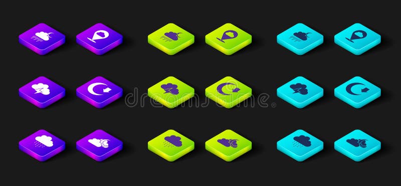 Set Cloud with Rain, Moon, Storm, Moon, Location Cloud and and Icon ...