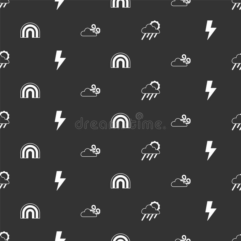 Set Cloud with Rain and Sun, Lightning Bolt, Rainbow and Windy Weather on Seamless Pattern ...