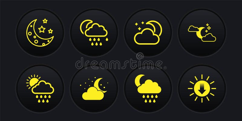 Set Cloud with Rain and Sun, Moon Stars, Sunset and Moon Icon. Vector ...