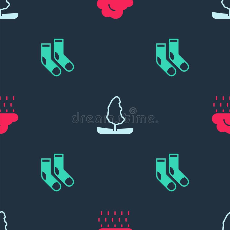 Set Cloud with Rain, Tree and Socks on Seamless Pattern. Vector Stock ...