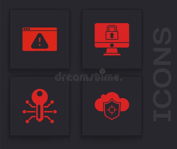 Set Cloud and Shield, Browser with Exclamation Mark, Lock Monitor and Smart Key Icon. Vector ...