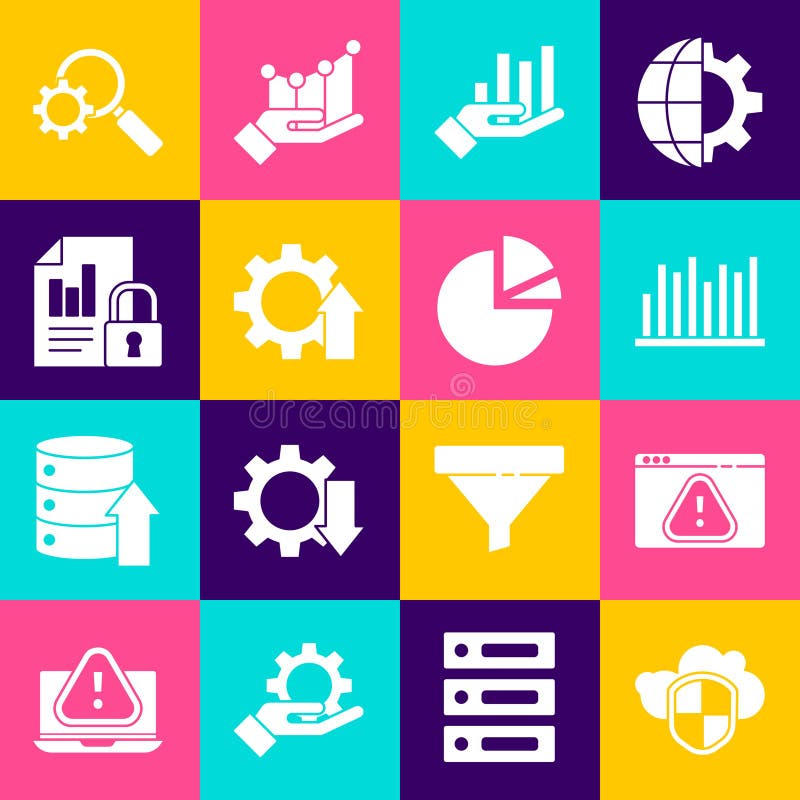 Set Cloud and Shield, Browser with Exclamation Mark, Pie Chart Infographic, Arrow Growth Gear ...