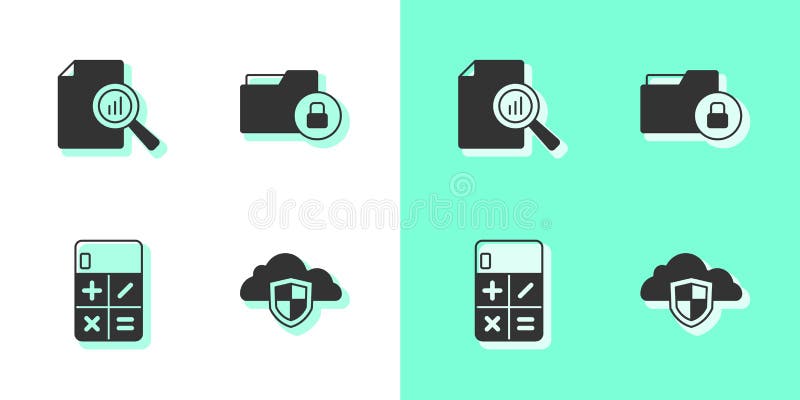 Set Cloud and Shield, Document with Graph Chart, Calculator and Folder ... Set Cloud and Shield, Document with Graph Chart, Calculator and Folder ...