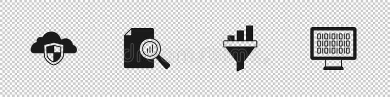 Set Cloud and Shield, Document with Graph Chart, Sales Funnel and Binary Code Icon. Vector Stock ...