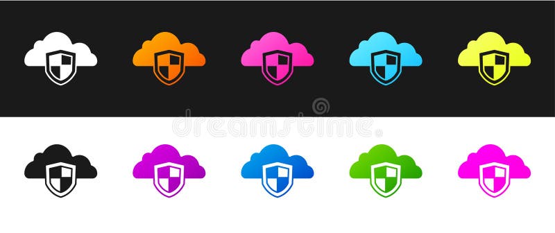 Set Cloud and Shield Icon Isolated on Black and White Background. Cloud ...
