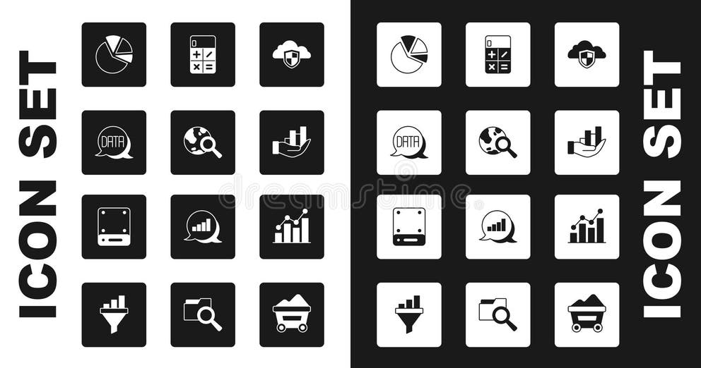 Set Cloud and Shield, Search Globe, Data Analysis, Pie Chart Infographic, Calculator, and Server ...