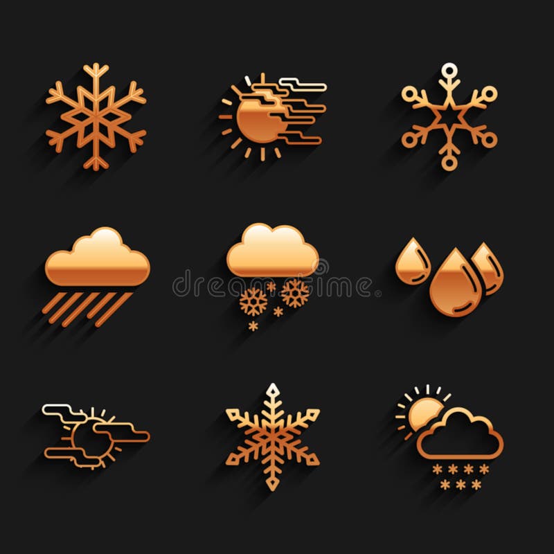 Set Cloud with Snow, Snowflake, and Sun, Water Drop, Fog and Rain Icon ...